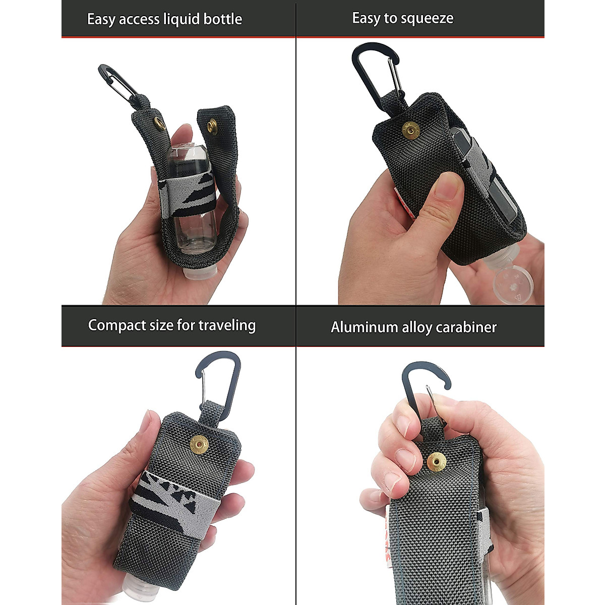 SUCHI Travel Size Hand Sanitizer Holder,Bottle Case and Carabiner Carrier bag-Portable Mini Waist Bag for Liquids Clip On Belt Loop,Backpack and Purse-Includes Empty 60ml/ 2 oz Reusable Bottle (Gray)