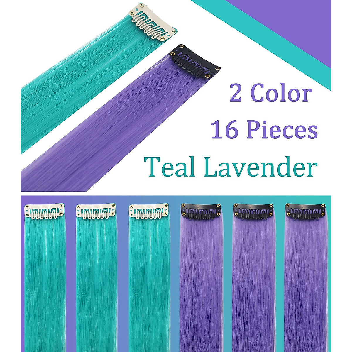 SARARHY Colored Hair Extensions Clip in 21 inch Straight Synthetic Hair Accessories Party Highlights Colorful Hairpieces for Kids Women Girls Wig Pieces 16 Pcs (Teal Lavender)