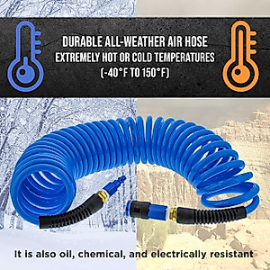 Master Elite Series 1/4" x 25' Polyurethane Recoil Air Hose with Bend Restrictors and 1/4" NPT Male Fitting Ends - Universal Aluminum Quick Coupler, I/M Industrial Plug - Attach Compressors, Air Tools