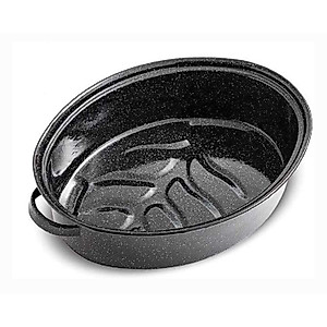 16 Inch Roasting Pan with Lid - Covered Oval Roaster - Enamel Carbon Steel Roaster Pot