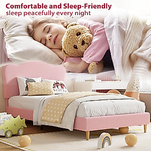 GarveeHome Upholstered Twin Size Bed Frame for Kids with Scallop Headboard, Cute Velvet Twin Bed for Girls, Boys, Sturdy Platform Bed, No Box Spring Needed, Wooden Slats, Noise Free, Pink