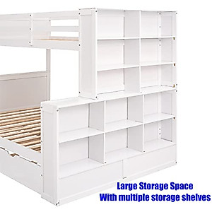 SNIFIT Upgraded Version & Stronger Solid Wood Convertible Bunk Bed Twin Over Full with Trundle & Storage Shelves, Thickened More Stable Wooden Twin Over Full Size Bunk Bed (Easier Assembly) (White)