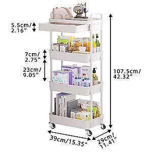 Calmootey 4-Tier Rolling Utility Cart with Drawer,Multifunctional Storage Organizer with Plastic Shelf & Metal Wheel,Storage Cart for Kitchen,Bathroom,Living Room,Office,White