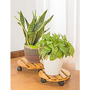 HOUSEBOOK 2 Packs Premium Wooden Rolling Flower Pot Holder Plant Stand with Wheel, Wooden Plant Pot Caddy 30cm Round Garden Plant Pot Trolley 360 Deg Movable, 30cm, Brown
