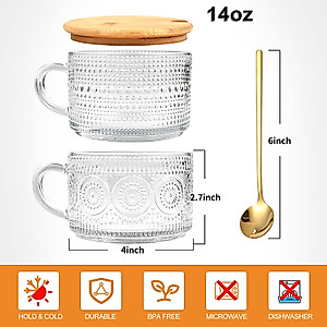6 Set 14oz Vintage Glass Coffee Mugs with Bamboo Lids and Spoon Clear Embossed Glassware with Handle Glass Coffee Tea Cups for Cappuccino Latte Cereal Yogurt Beverage (6PCS(3*sunflower 3*raindrops))
