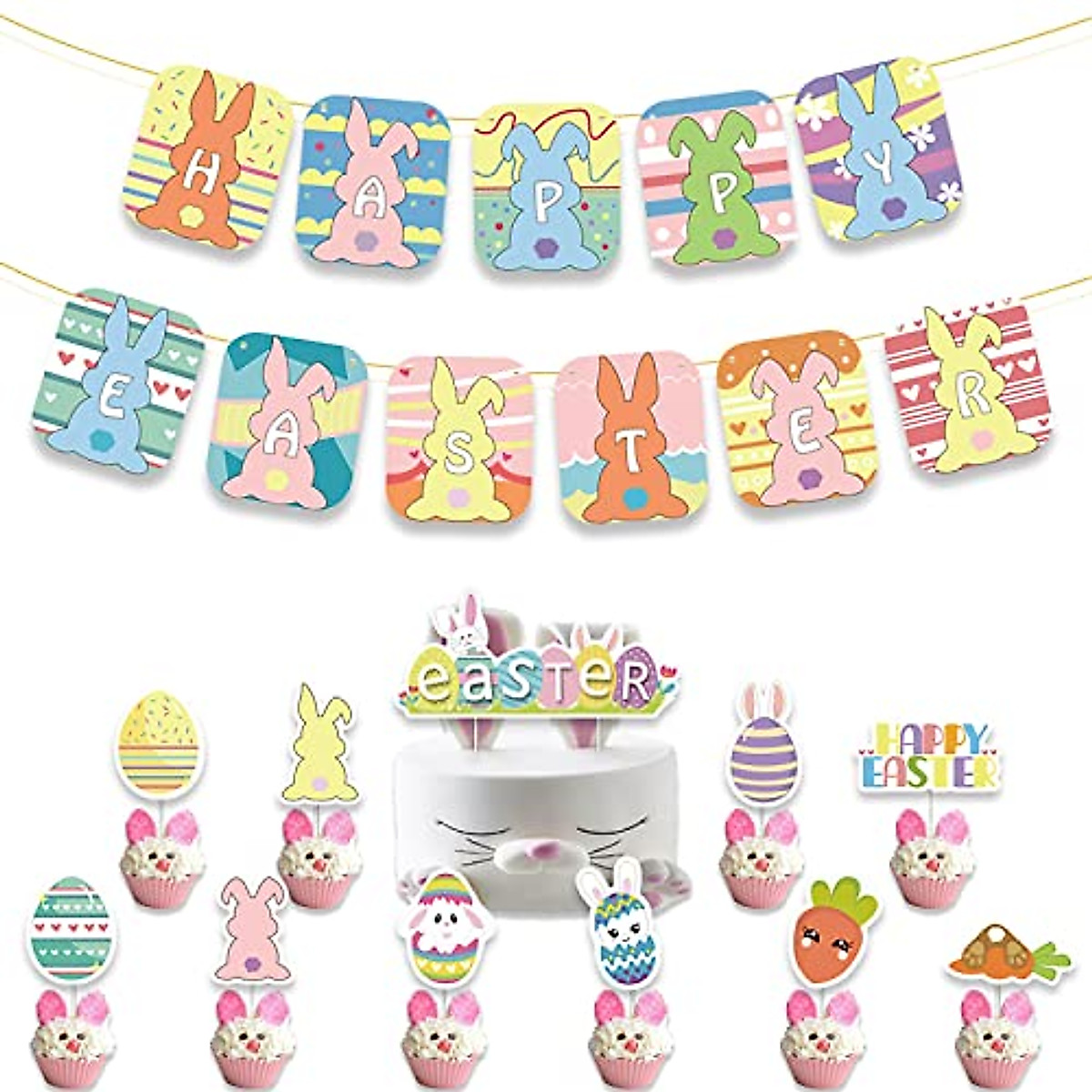 Easter Party Balloon Set - Easter Happy Banner, Easter Egg Bunny Balloon, Easter Cake Tag,Easter Party Supplies (34 Pieces)