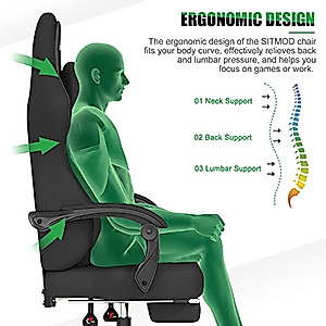 SITMOD Gaming Chair, Ergonomic Fabric Gaming Chair, Adjustable Computer Chair with Footrest and Lumbar Support, Reclining Gamer Chair PC Racing Chair Massage Office Gaming Chairs for Adult(Black)