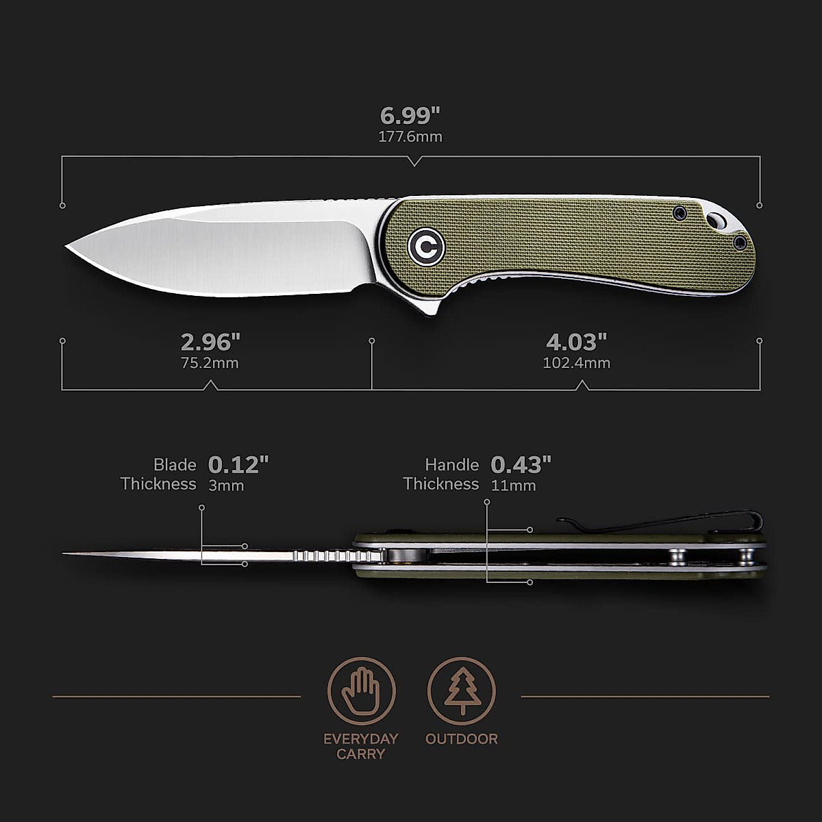 CIVIVI Knives Elementum Folding Pocket Knife 2.96" D2 Satin Blade,G-10 Handles C907E (Green)