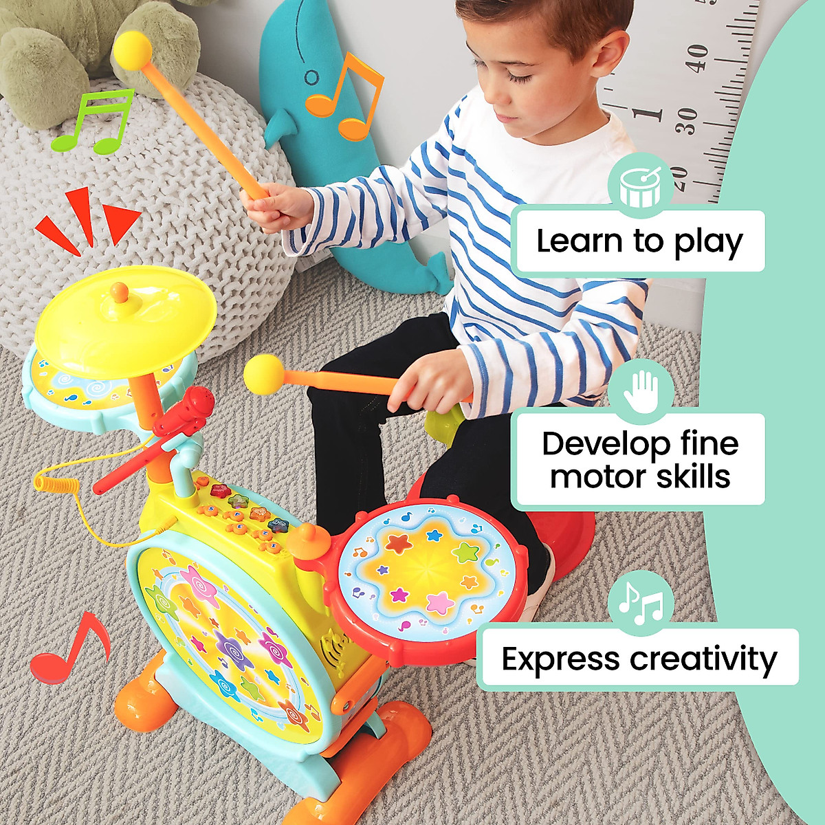 Prextex Kids Drum Set - Toddler Drum Set Includes Toy Microphone, Adjustable Sound Bass, Electric Drums & Drum Sticks (for Ages 3-6)