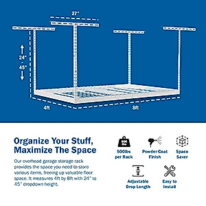 MonsterRax Overhead Garage Storage Rack- 4 x 8 Ceiling Rack for Garage Shelving, Organization, & Storage, Adjustable Hanging Storage for Bikes, Equipment & Accessories (White, 24"-45", 2-Pack).