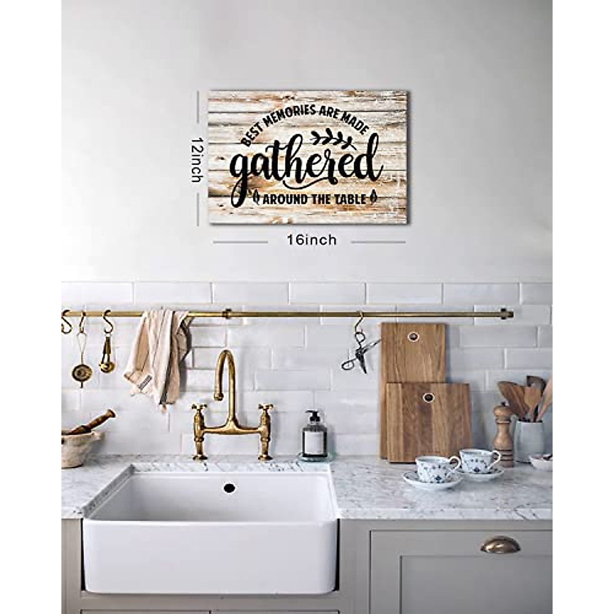 Farmhouse Dinning Room Wall Art Gather Signs for Home Decor Accessories Motivational Saying Quotes Canvas Pictures Poster for Kitchen Decorations 12x16”, Rustic Wood Grain Prints Painting Artwork