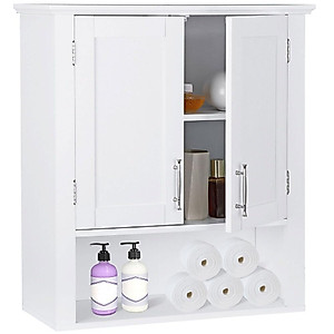 Elegant White Bathroom Wall Cabinet Over Toilet - Stylish 2-Door Medicine Cabinet with Adjustable Inner Shelves for Bathroom and Living Room Organization
