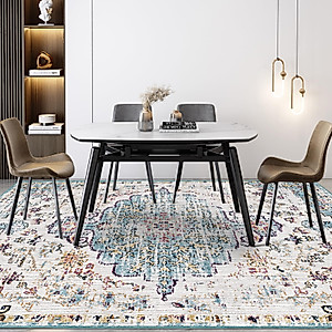 VK VK·LIVING Machine Washable Rug 4'x6' Vintage Design Washable Area Rugs with Non Slip Rugs for Living Room Bedroom Traditional Woven Rug Carpet Stain Resistant Dining Home Office Boho Rug,Cyan&White