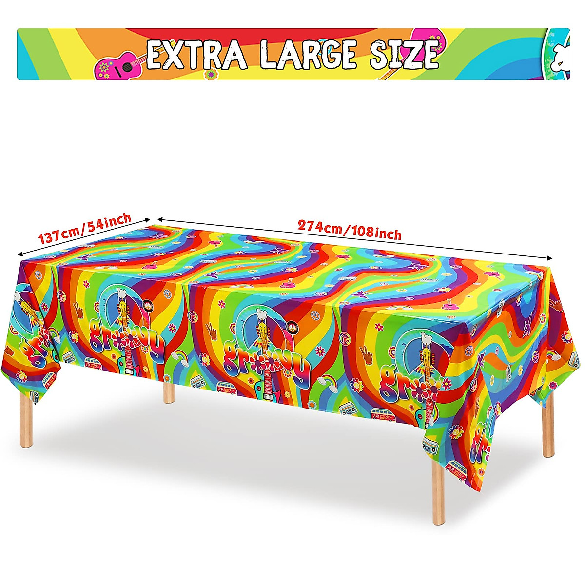 3 Pieces Plastic Groovy Tablecloths Retro Hippie Table Covers for Rectangle Table, Disposable Rainbow Party Decorations for 60s 70s Boho Themed Birthday Baby Shower Carnival Party (Tie Dye Style)