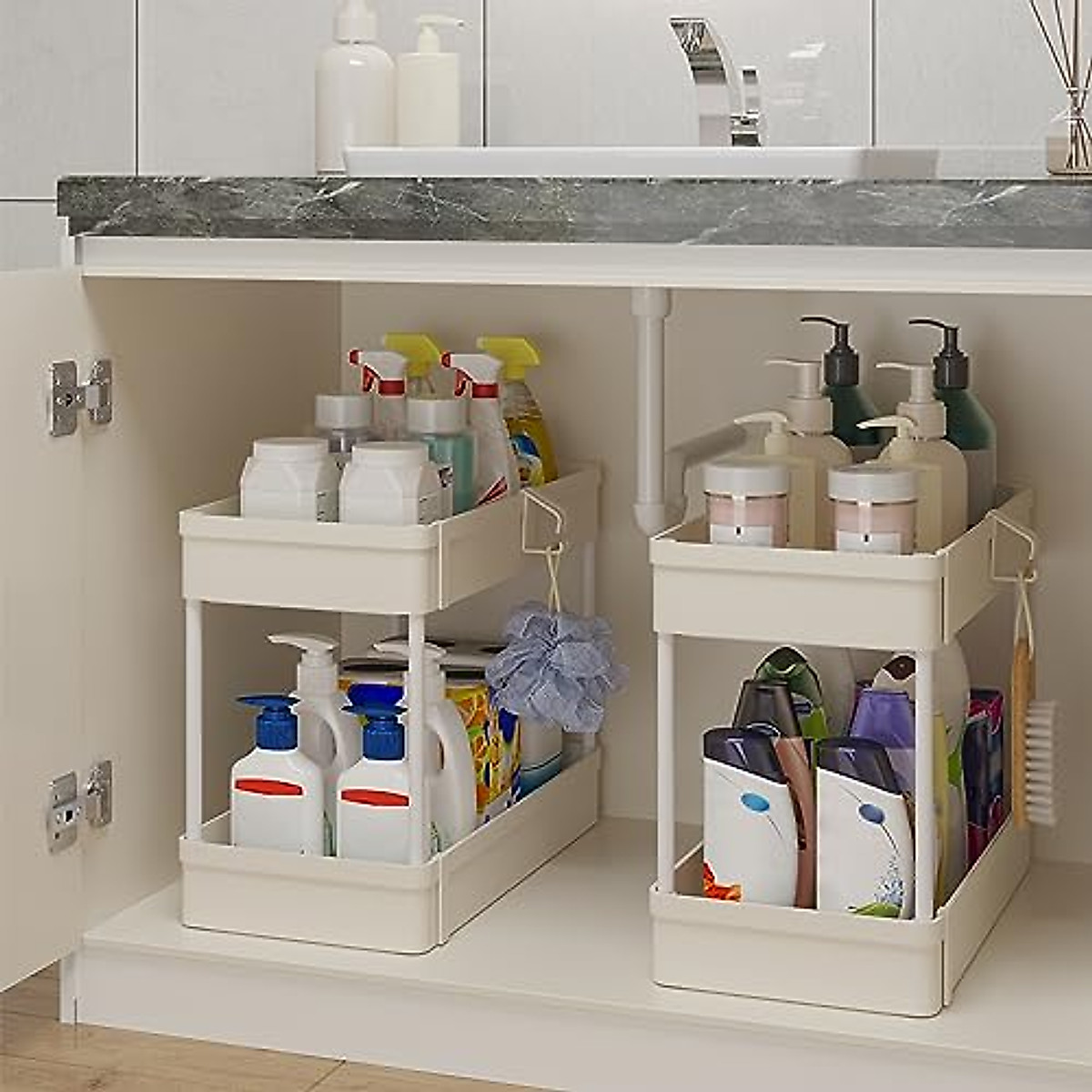 Boeeoan Under Sink Organizers Storage Rack, 2 Tier Under Bathroom Cabinet Shelf Basket, Multi-Purpose Storage Cart with Hooks for Kitchen Bathroom Bedroom Livingroom, White