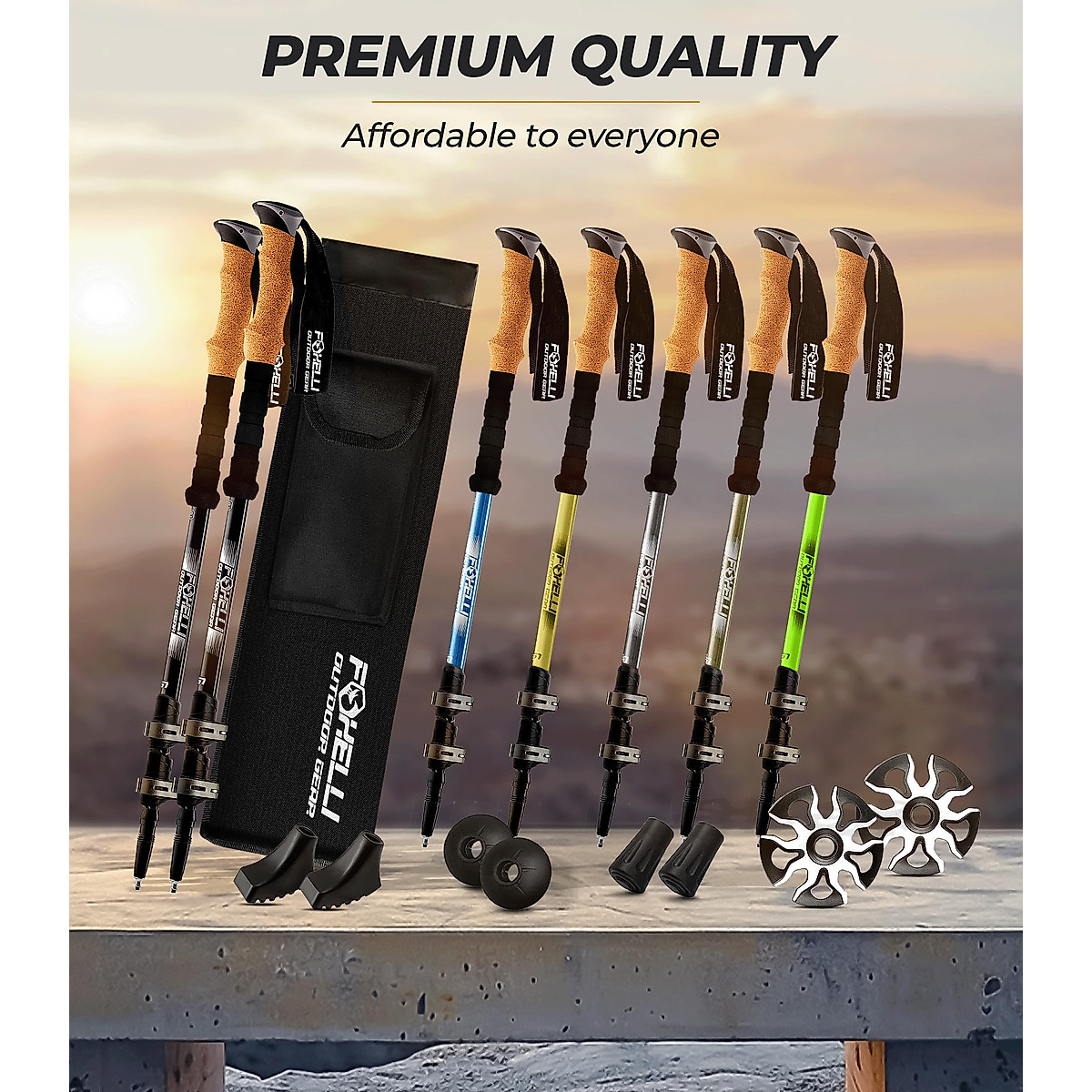 Foxelli Hiking Poles – Lightweight & Collapsible with Comfortable Cork Grips, Easily Adjustable for All Heights, Includes Carry Bag and Accessories