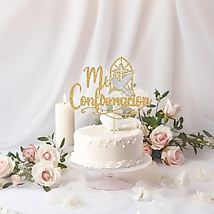 Mi Confirmacion Cake Topper, First Holy Communion, God Bless, Bridal Shower/Wedding/Baptism/Christening Baby Shower Party Decorations Gold Glitter