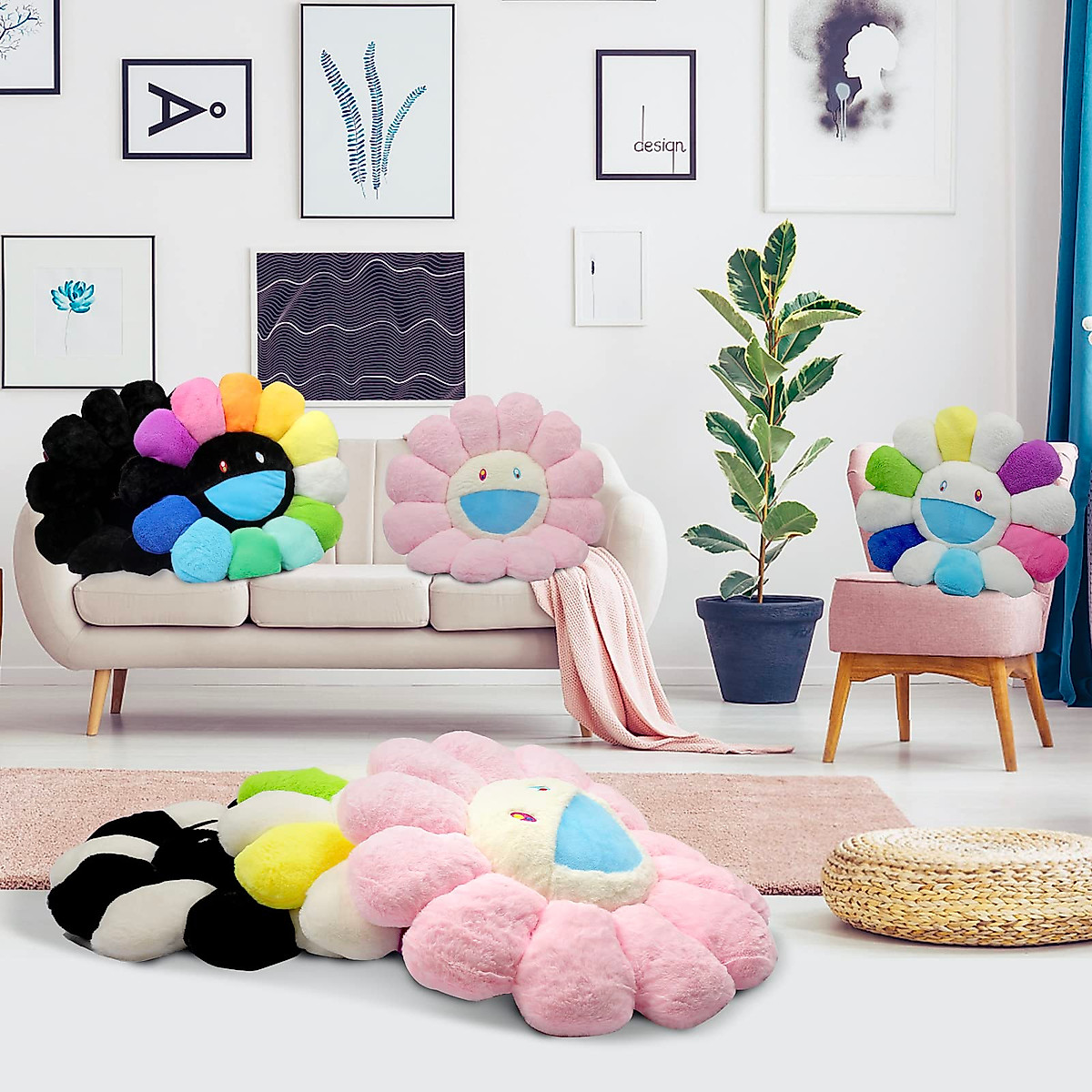 SNEPOO Smile Face Plush Rainbow Pillow, Colorful Sunflower Soft & Comfortable Plush Throw Pillow for Home Reading Bedroom Shop Restaurant Decor (Black and White, 23.6 Inches)