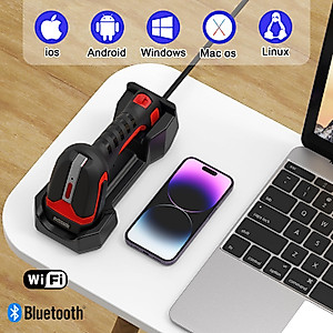 Industrial 2D Bluetooth Barcode Scanner with Charging Base,Bluetooth & 433MHz Wireless 2-in-1 1968ft Transmission Distance,Auto-scanning Available,Support on DPM Code