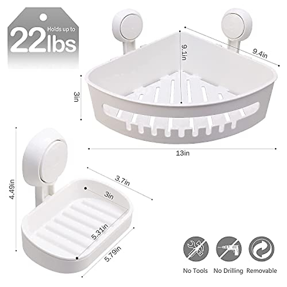 LEVERLOC Corner Shower Caddy & Soap Dish Suction Cup NO-Drilling Removable Bathroom Shower Shelf Heavy Duty Caddy Organizer Waterproof & Oilproof for Bathroom & Kitchen - White