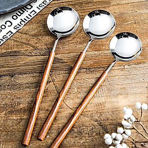 Ouliget Retro Wooden Handle Spoon,Stainless Steel Serving Tablespoons,Wooden DinnerSpoon,Silver Silverware With Brown Handle,4 Pcs.