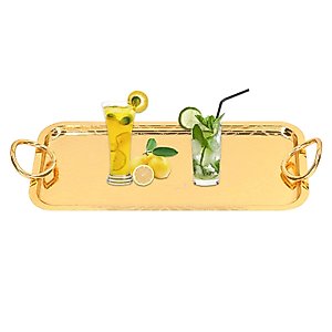 Rectangular Tea Cup Tray Gold Storage Fruit Tray Stainless Steel Serving Tray with Round Handle Food with Round for Wedding Party Birthday Picnic
