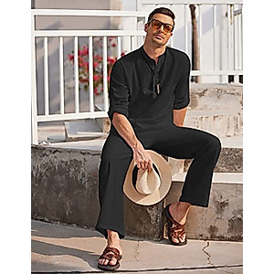COOFANDY Men's 2 Pieces Linen Set Long Sleeve Henley Shirt and Holiday Beach Pants Casual Yoga Trousers Outfits