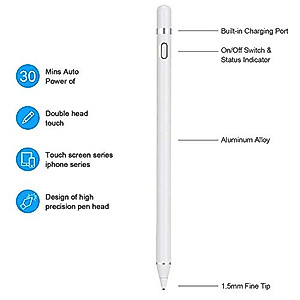 Active Stylus Pencil Compatible for Apple,Stylus Pens for Touch Screens, Capacitive Pencil for Kid Student Drawing, Writing,High Sensitivity,for Touch Screen Devices Tablet,Smartphone (White)