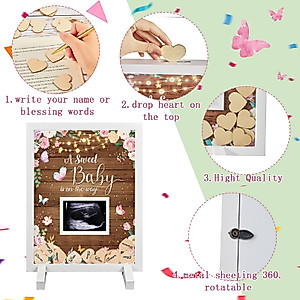 Kosiz Rustic Wood Floral Baby Shower Guest Book Alternatives Butterfly Pink Flower Guest Book Frame with Wooden Hearts for 60 Guests Baby Shower Sign Pregnancy Keepsake for Soon to Be Moms