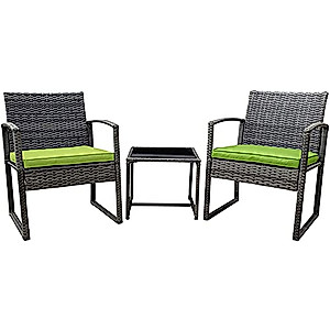 Pyramid Home Decor Black Wicker Furniture - 3 Piece Bistro Set for Outdoor Conversation - 2 Cushioned Rattan Chairs with Glass Coffee Table for Patio, Lawn, Porch, Lounge, Deck, Balcony & Living Room