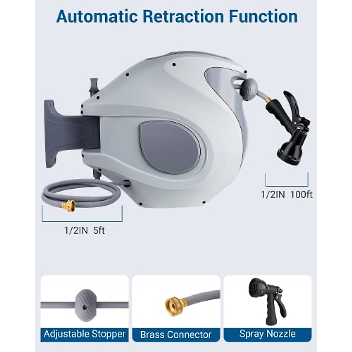 DEWENWILS Retractable Garden Hose Reel, 1/2"×100ft Wall Mount Hose Reel, with 7-Pattern Spray Nozzle, Any Length Lock, 180°Swivel Bracket, Auto Rewind Hybrid Water Hose Reel for Outdoor Watering