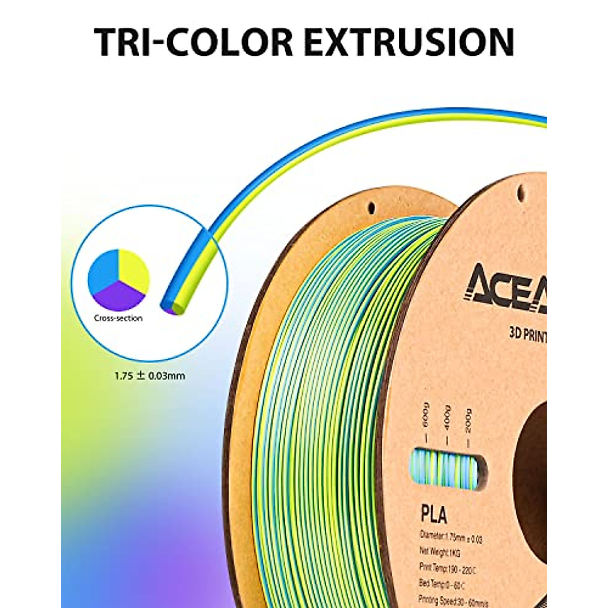 Aceaddity Silk Magic PLA 3D Printer Filament, Multi-Colour Tri-Extrusion 1.75mm 3D Printing PLA Filament, Shiny Silk Coextruded PLA, Dimensional Accuracy +/- 0.03 mm, 1kg/2.2lbs (Blue-Purple-Yellow)