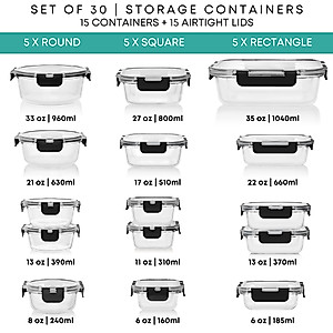 Razab 30 PC Glass Food Storage Containers with Lids - Reusable Glass Meal Prep Containers for Lunch and Leftovers - Airtight & Leakproof Snap Locking Lids - Oven, Freezer, Microwave, Dishwasher Safe