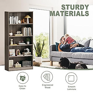 VICLLAX 5-Shelf Wood Bookcase, Wide Adjustable Open Bookshelf, Tall Display Storage Shelf for Living Room, Bedroom, Kids Room, Office, Grey