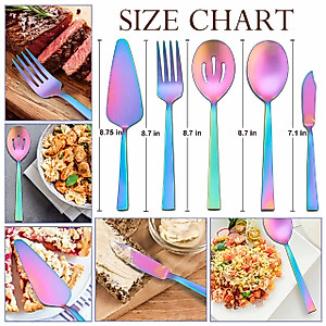 Herogo 5-Piece Matte Rainbow Stainless Steel Serving Utensils Set, Metal Square Hostess Serving Set for Catering Banquet Buffet Party Camping Kitchen Restaurant, Dishwasher Safe