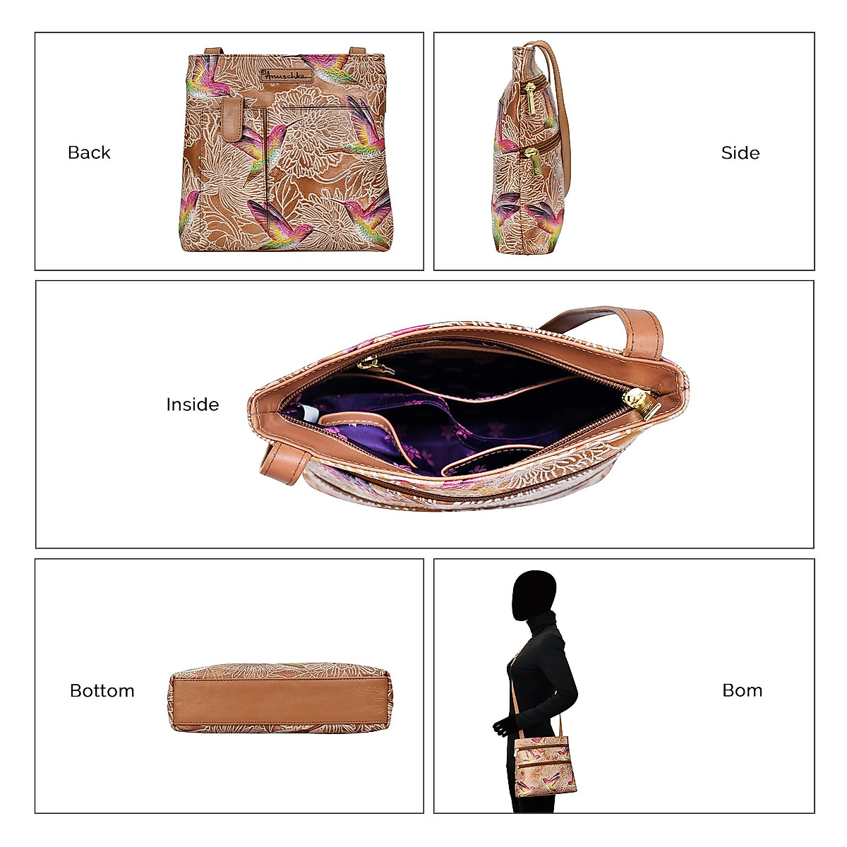 Anuschka Women’s Hand-Painted Genuine Leather Medium Crossbody With Double Zip Pockets - Bel Fiori