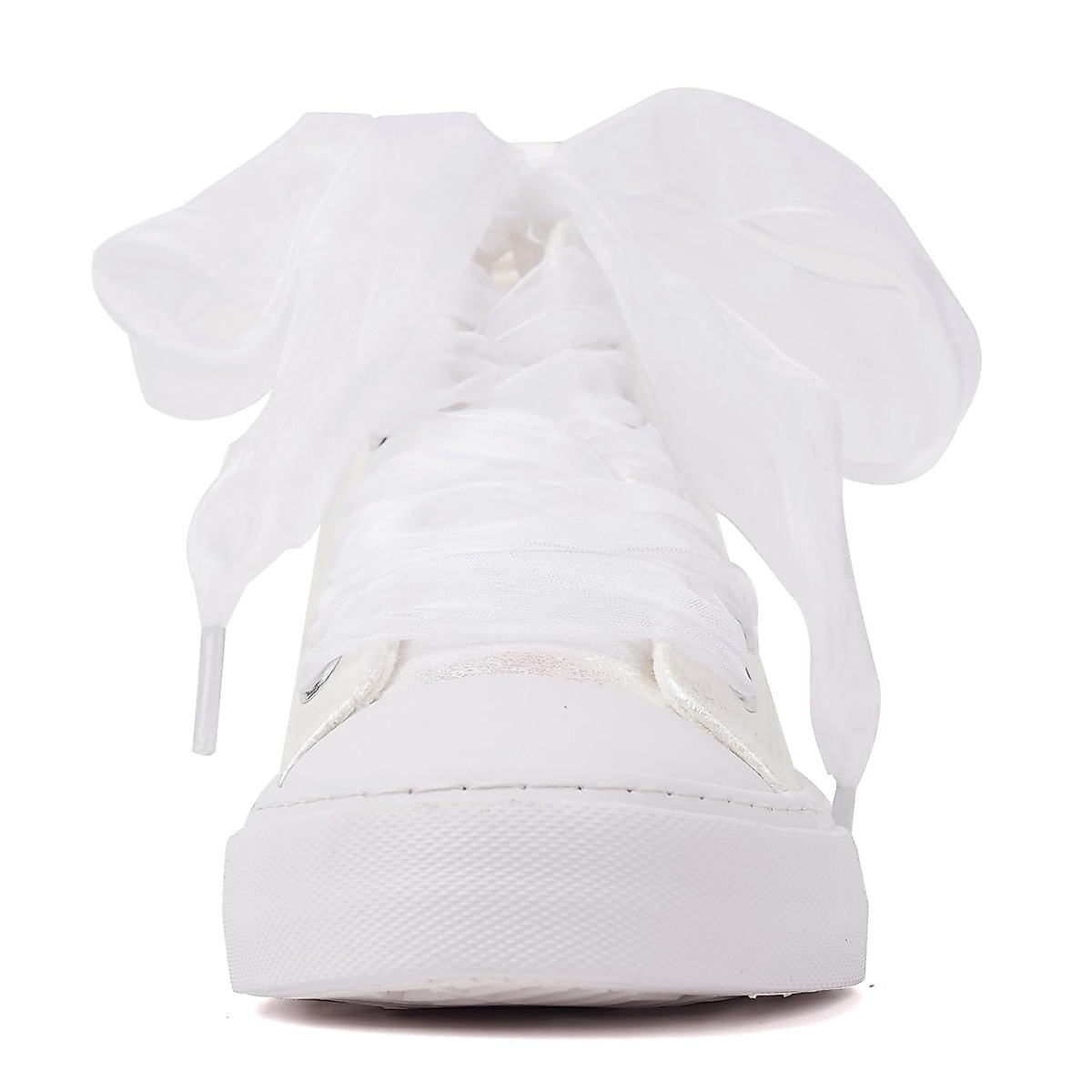 HugRain Kids Girls Sneakers Walking Shoes Bowknot Pearl Ribbon Lace Up Adorable Sparkle Glimmer Glitter Lightweight High Top Classic Non-Slip Outdoor White Size 2