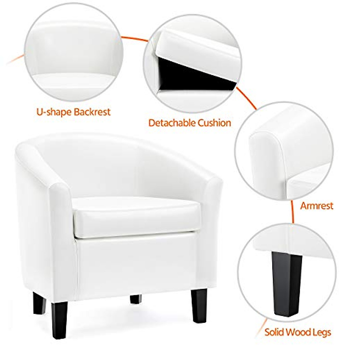 Topeakmart White Leather Chair, Modern and Comfy Faux Leather Accent Chair, Upholstered Barrel Chair Club Chair with Wooden Legs for Living Room Bedroom Waiting Room, Set of 2, White
