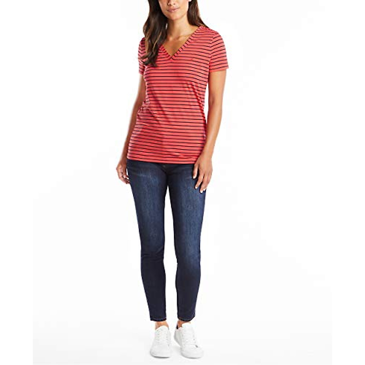Nautica Women's Easy Comfort V-Neck Striped Supersoft Stretch Cotton T-Shirt, Rose Coral, Large