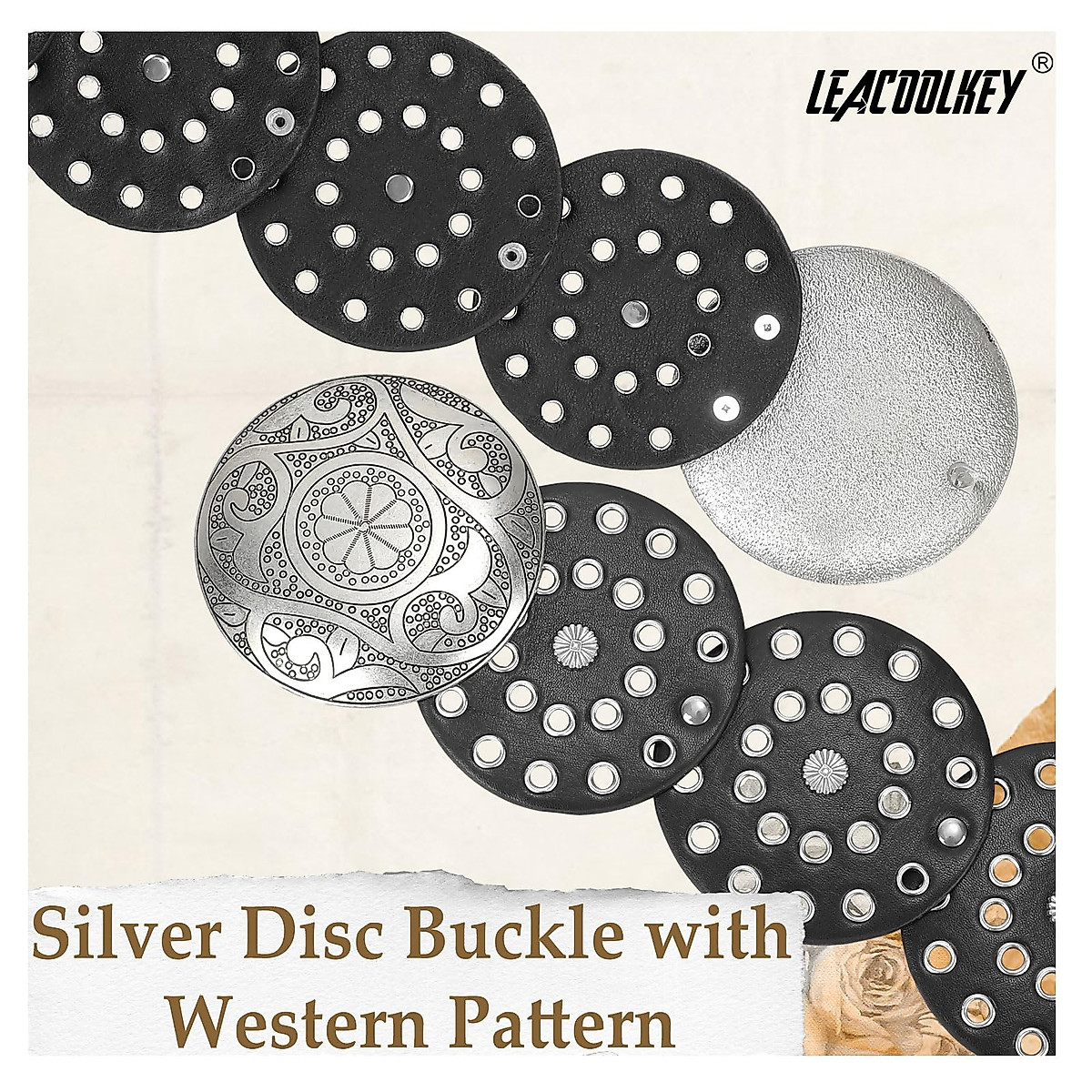 LEACOOLKEY Women Western Leather Belt Boho Disc Conch Waist Belt for Dress Jeans