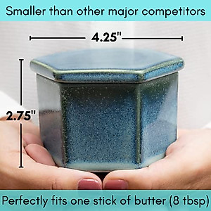 French Butter Crock w/Lid & Wood Spreading Knife - Blue Butter Keeper for Countertop - Modern Hexagon Shape Butter Keeper - Stoneware Butter Crock - Dishwasher, Oven & Microwave Safe Butter Storage