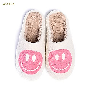 Cute Smile Face Slippers for Women and Men,Soft Plush Comfy Warm Couple Slip-On House Happy Face Slippers For Winter Indoor Outdoor Smile Slippers Non-slip Fuzzy Flat Slides White Pink 4041