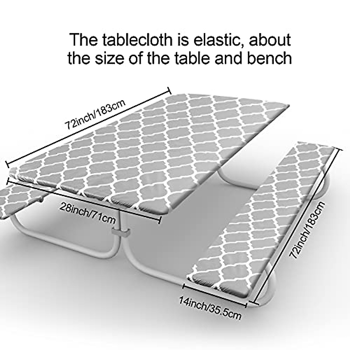 Ruisita 3 Pieces 72 Inches Plastic Picnic Table and Bench Fitted Tablecloth Cover Garden Bench Tablecloth Long Chair Covers Set for Picnics Indoor and Outdoor Dining, Gray