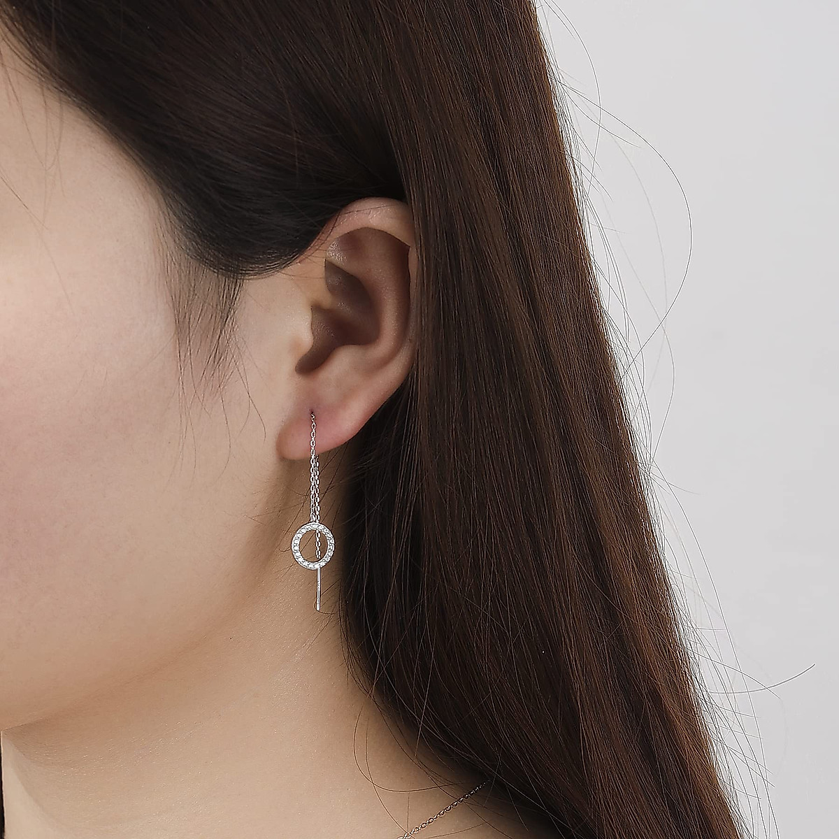 Cowlyn A Pair 925 Sterling Silver Earrings Tassel Threader Long Chain Ear Line Round Cubic Zirconia Drop Dangle Hypoallergenic Jewelry for Women