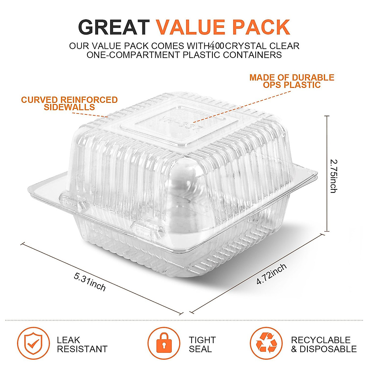 AQSXO 100 Pcs Clear Plastic Take out Containers,Disposable Clamshell Dessert Container with Lid, for Salads, Pasta, Sandwiches (5x4.7x2.8 in).