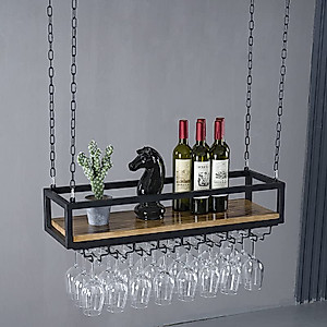 RZGY Hanging Wine Rack with Glass Holder and Shelf, Ceiling Mounted Wine Rack Adjustable Industrial Hanging Wine Bottle Holder, 31.5in Metal Iron Wine Shelf Black