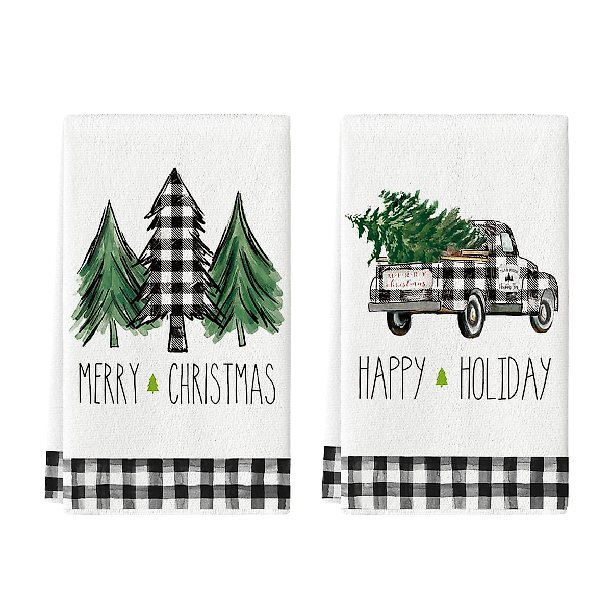 Artoid Mode Buffalo Plaid Truck Trees Kitchen Towels and Dish Towels Merry Christmas, 18 x 26 Inch Winter Drying Cloth Tea Towels for Cooking Baking Set of 2