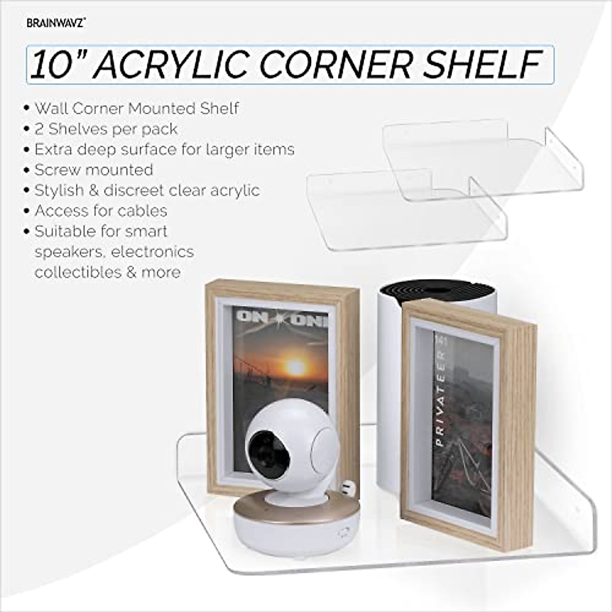 BRAINWAVZ 2-Pack 10” Corner Floating Shelf for Speakers, Books, Decor, Plants, Cameras, Photos, Kitchen, Bathroom, Routers & More Universal Small Holder Acrylic Wall Shelves (Clear)