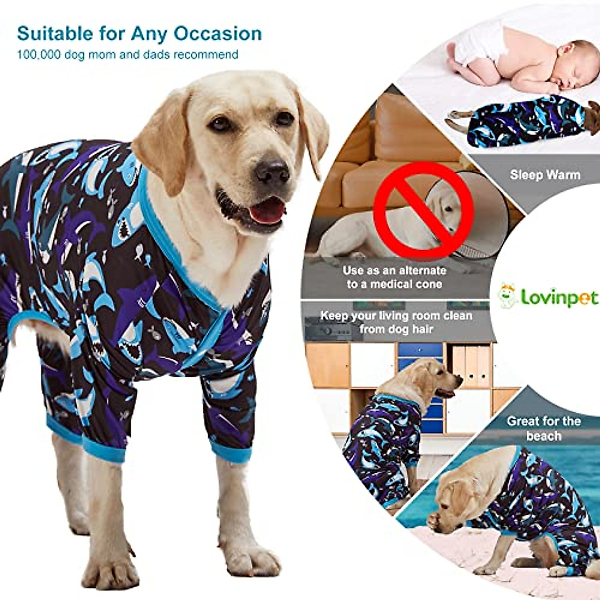 LovinPet Large XXL Dog Clothes - Pet Anxiety Relief, Anti-Shedding Dog Pajamas, Lightweight Stretchy Fabric, Whale Hello There White Print, Large Dog Pjs, Pitbull Clothes All Season /2XL