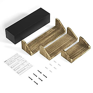SZQINJI Floating Shelves Wall Mounted Solid Wood Shelf Display Ledge Storage Shelves for Living Room Kitchen Bathroom Carbonized Black Set of 3